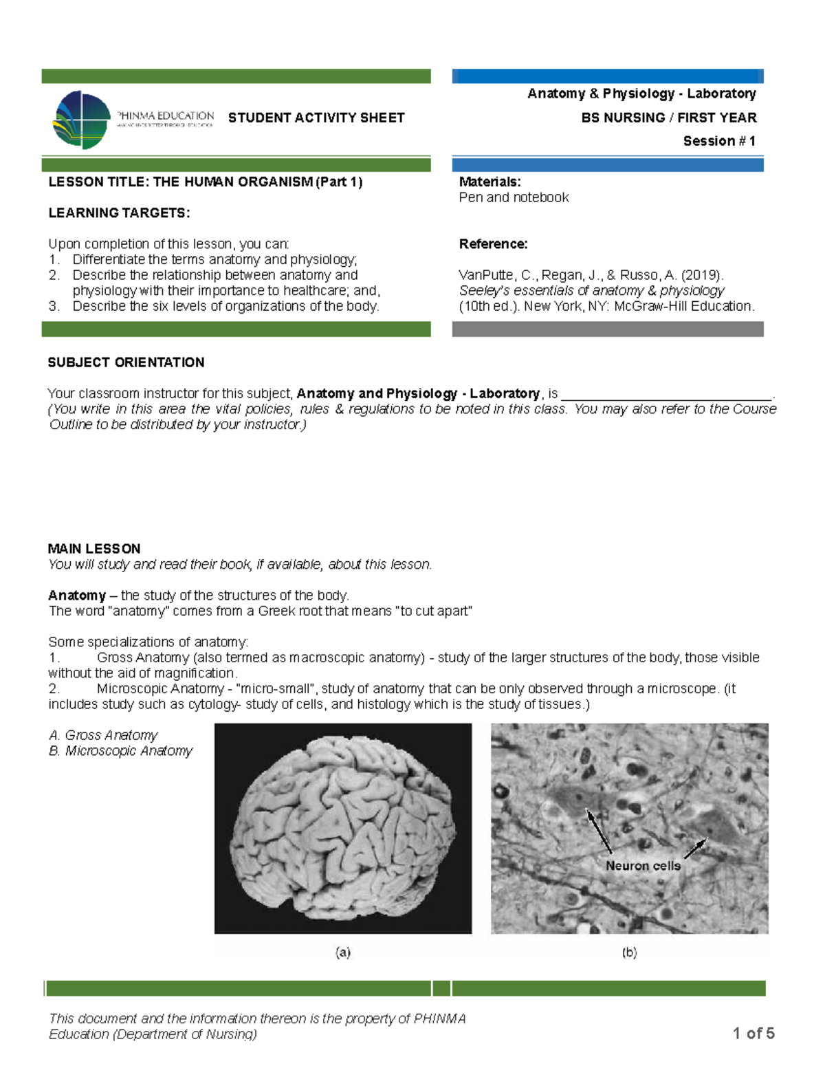 Session #1 SAS - Ana Phy (Lab) - STUDENT ACTIVITY SHEET Anatomy ...