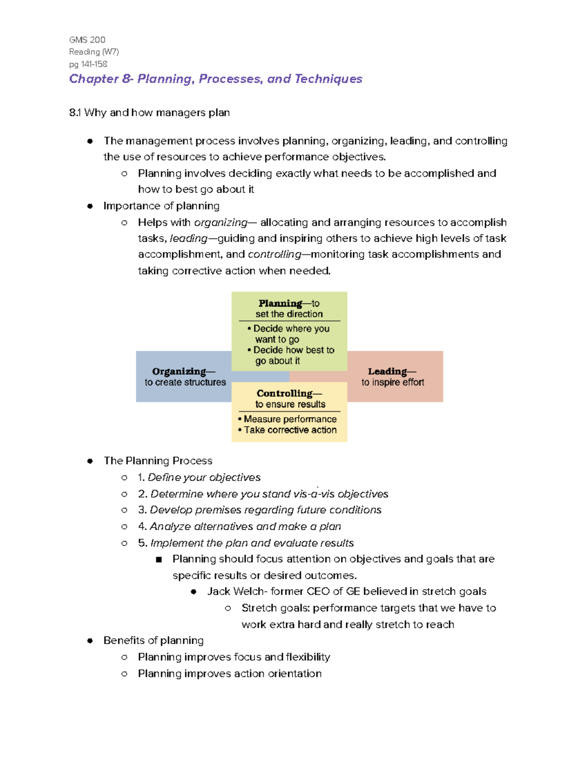 Ch8 Planning, Process, and Techniques(W7) - GMS 200 Reading (W7) pg 141- Chapter 8- Planning ...
