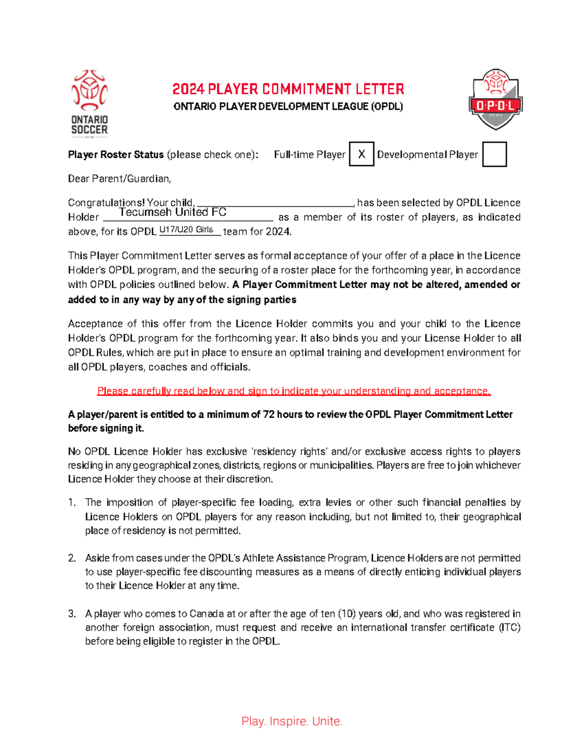 U17U19Girls 2024 Opdlplayer Commitment Letter 18 - ONTARIO PLAYER ...