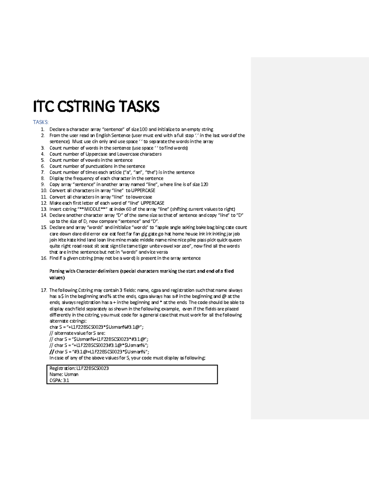 ITC Final Exam Questions Sets - ITC CSTRING TASKS TASKS: Declare a ...