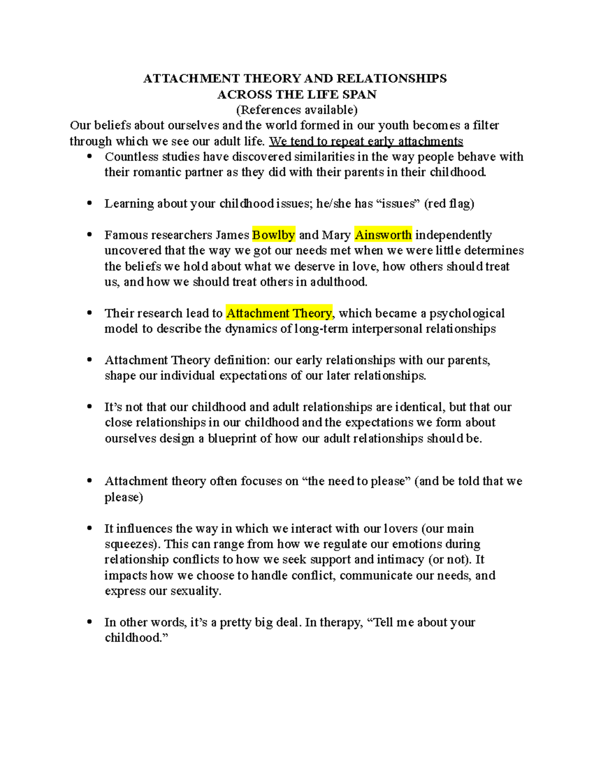 Attachment Theory - ATTACHMENT THEORY AND RELATIONSHIPS ACROSS THE LIFE ...