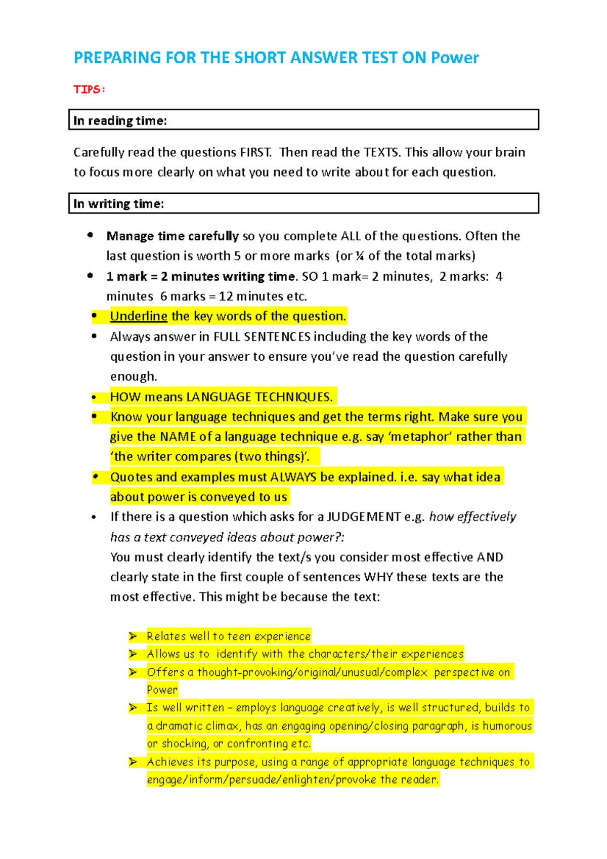 Short Answer Tips - PREPARING FOR THE SHORT ANSWER TEST ON Power TIPS ...