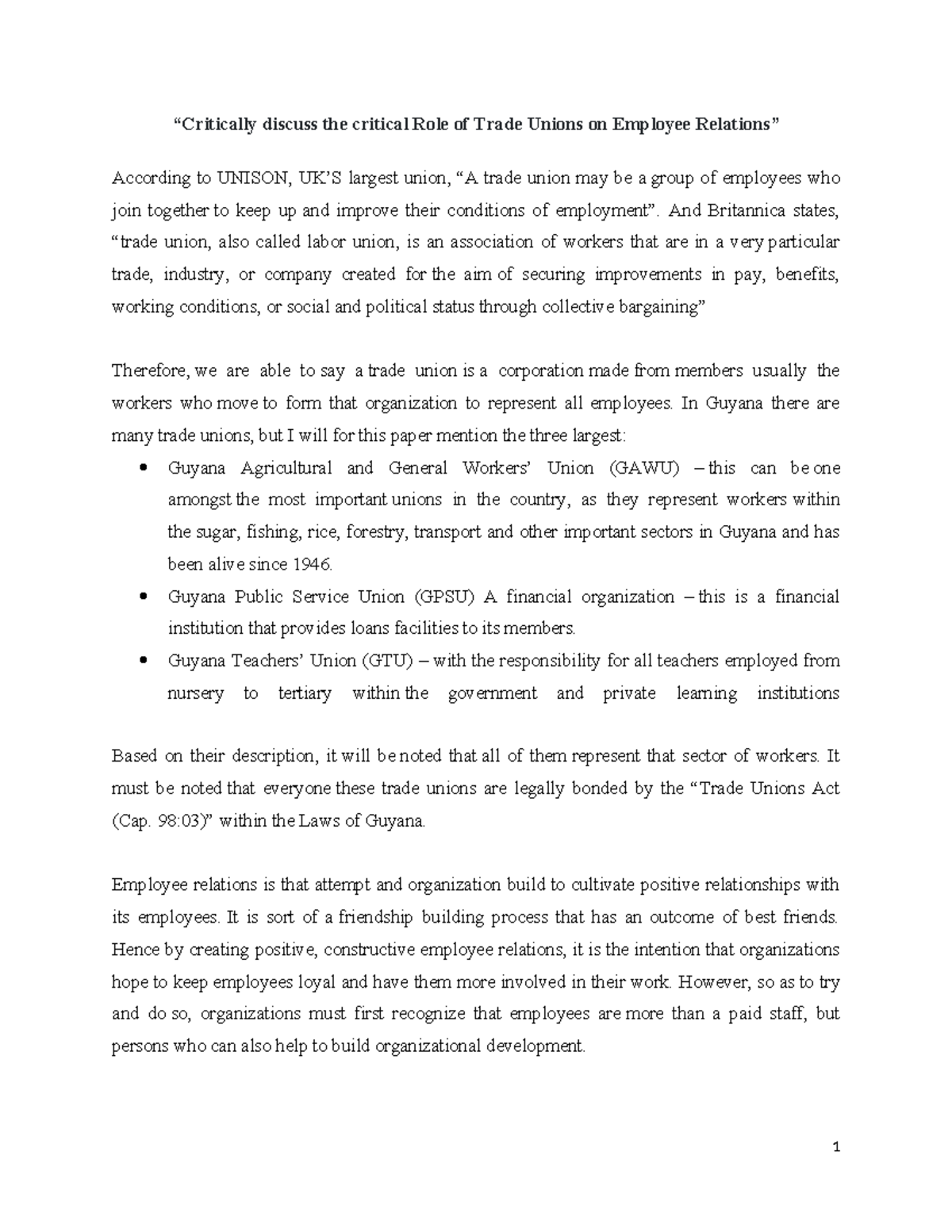 Impact of Unions on Employee and Employer Relation - “Critically ...