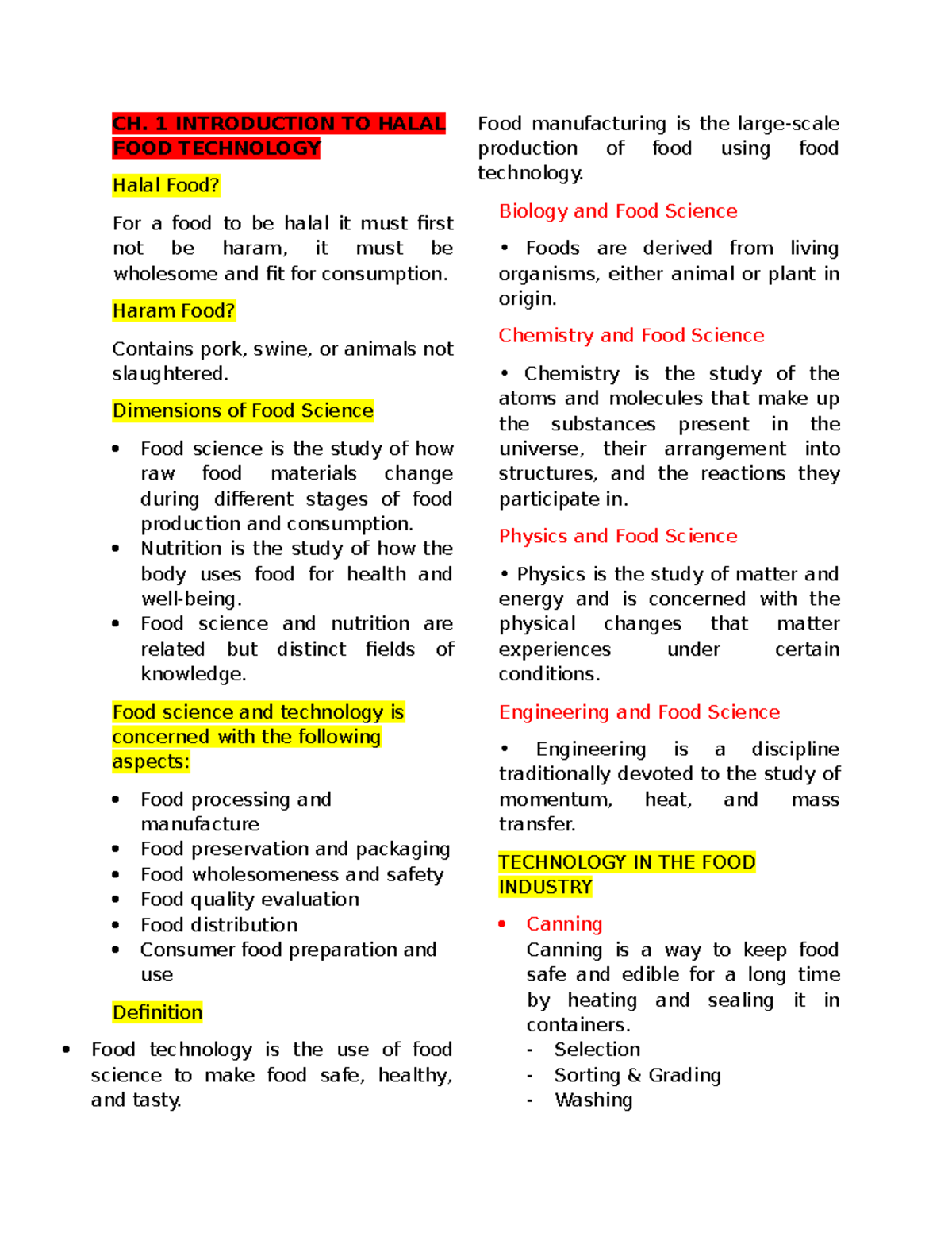 FOOD TECH EXAM Notes - CH. 1 INTRODUCTION TO HALAL FOOD TECHNOLOGY ...