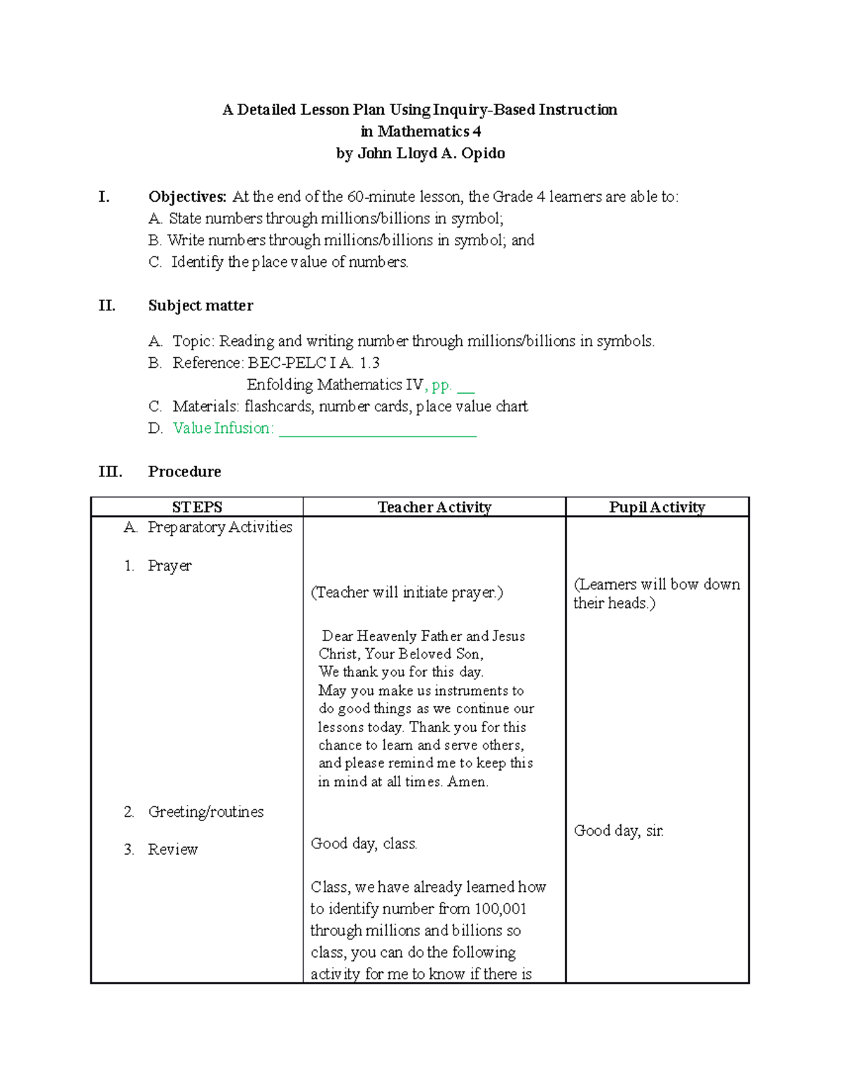 DLP Opido MATH Inquiry Approach - A Detailed Lesson Plan Using Inquiry ...