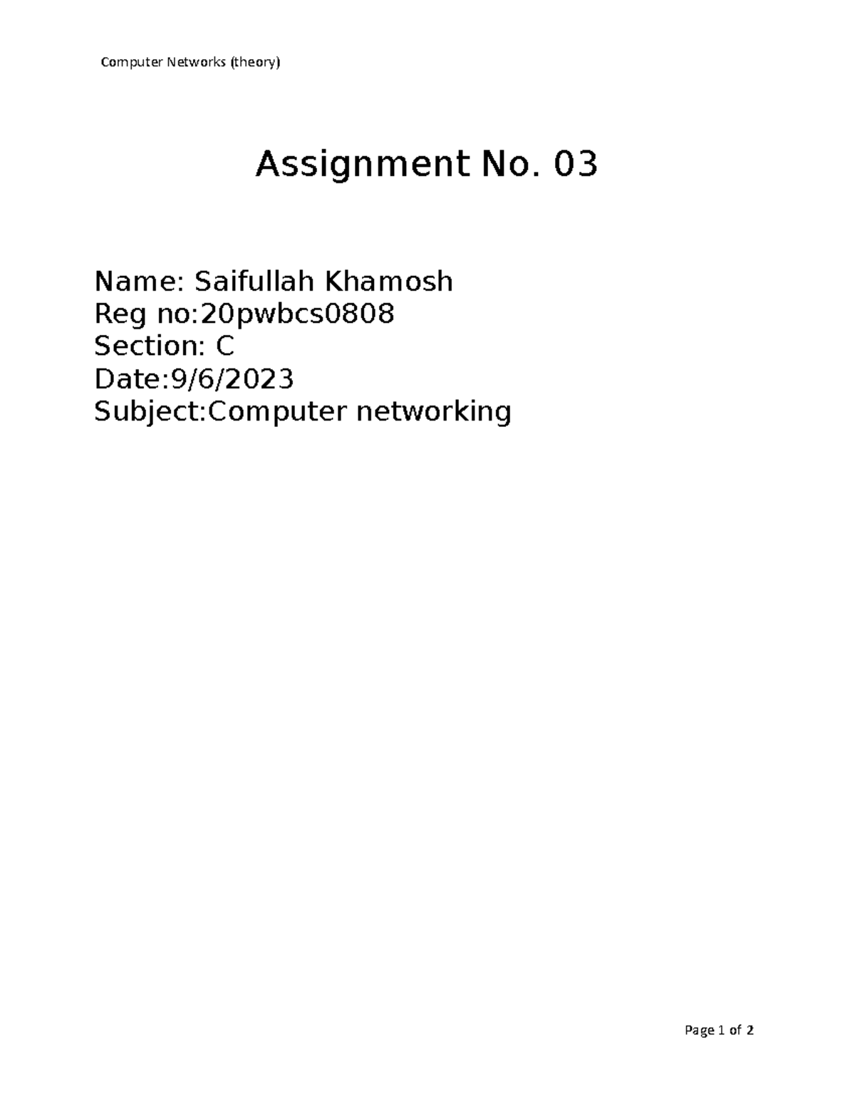 Cn Assignment 3 Computer Networks Theory Page 1 Of 2 Assignment No 03 Name Saifullah