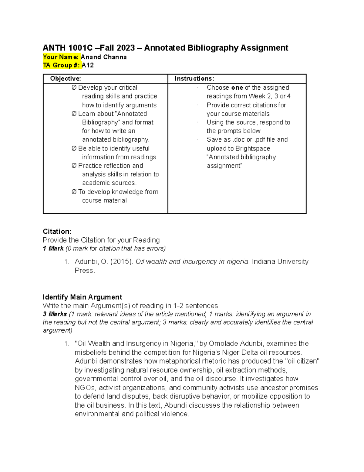 Anthro annotated bib - sheets - ANTH 1001C –Fall 2023 – Annotated ...