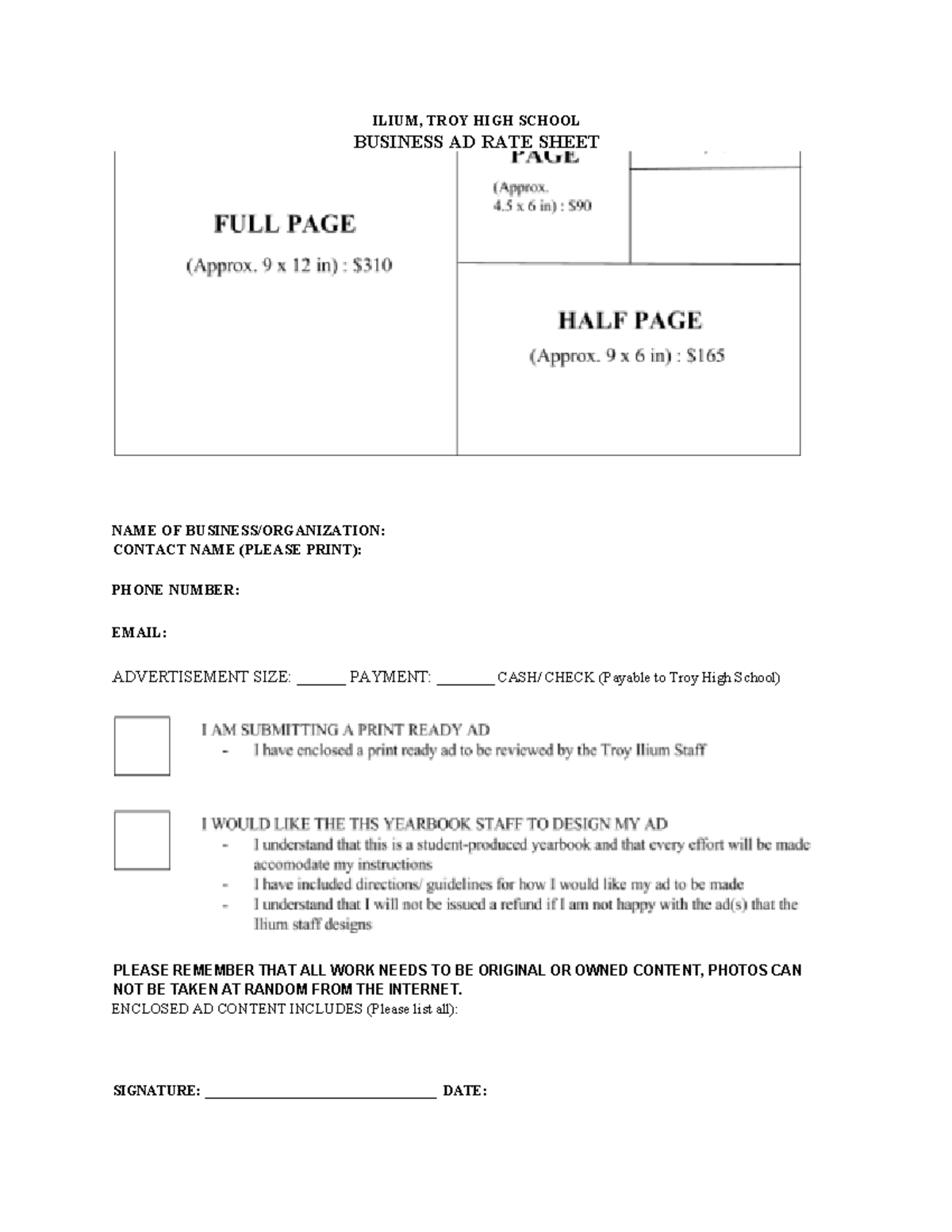 Ad Rate Sheet - huinfwnniucfwenfiwe - ILIUM, TROY HIGH SCHOOL BUSINESS ...