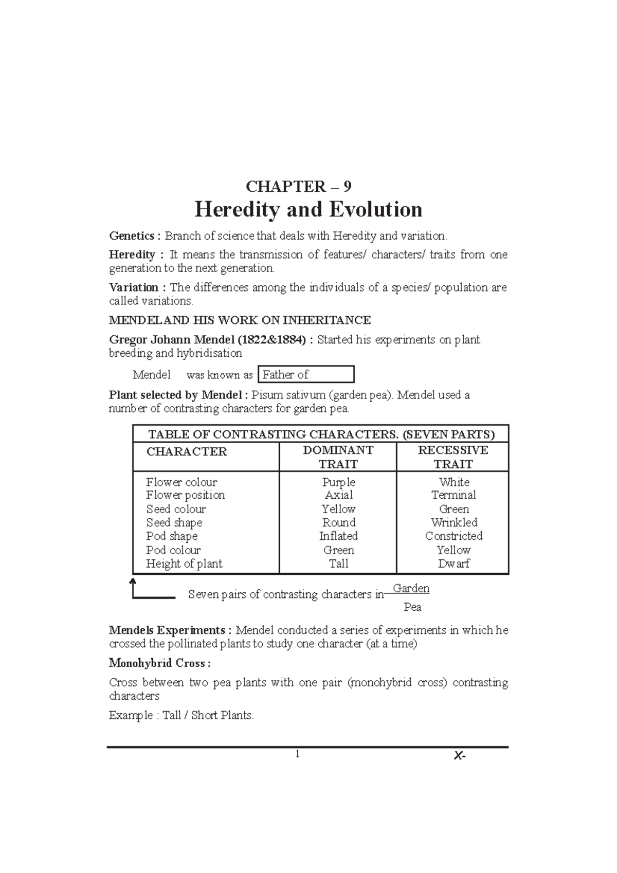 Biology notes 09 Heredity and Evolution - 1 X- CHAPTER – 9 Heredity and ...
