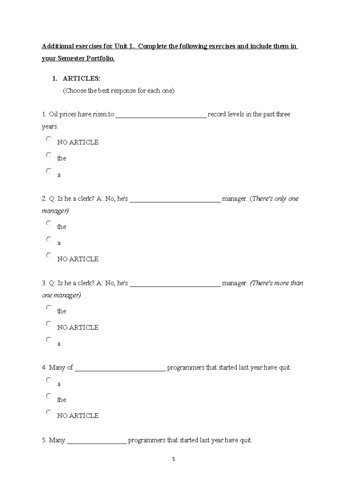 Additional exercises for Unit 1 - Complete the following exercises and ...
