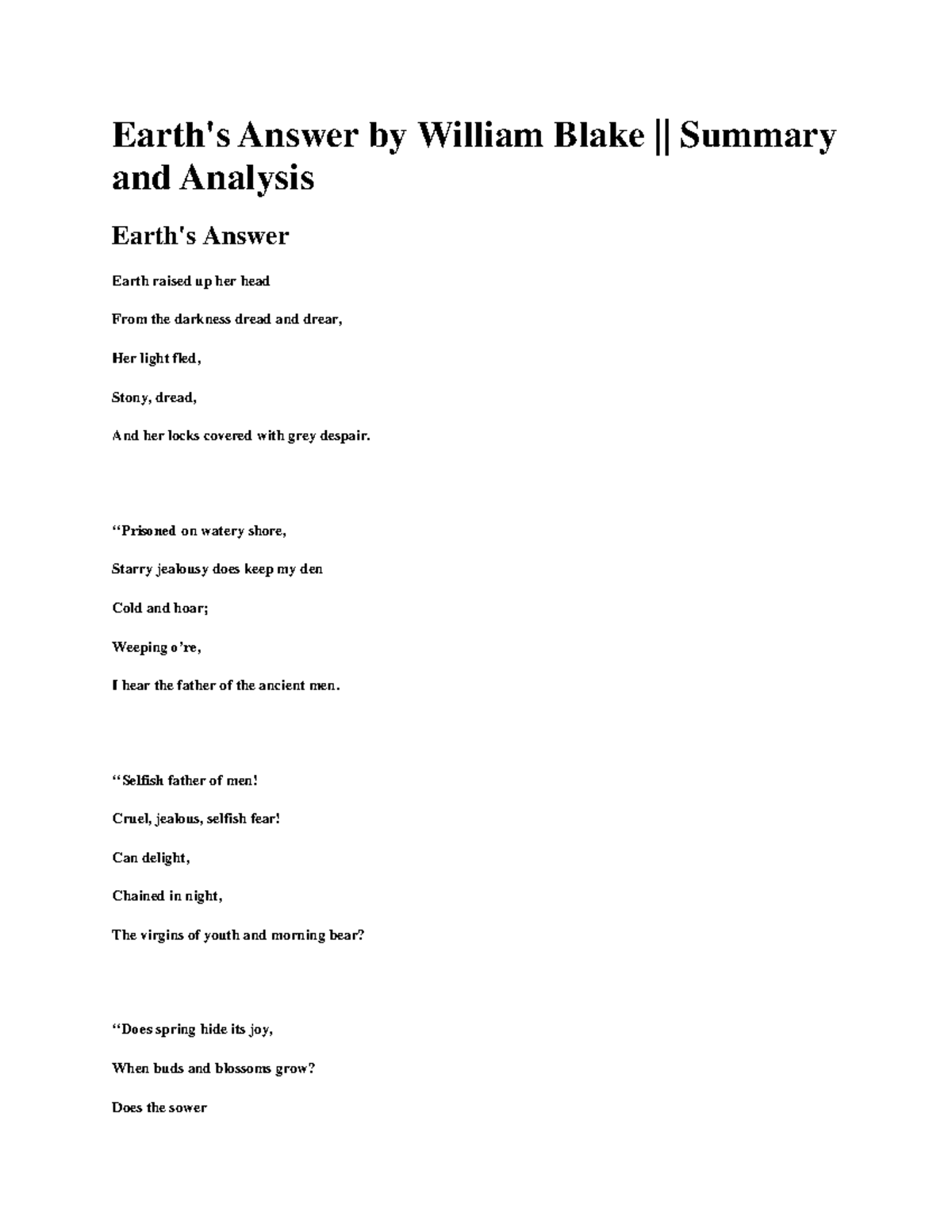 Earth`s answer - Earth's Answer by William Blake || Summary and ...