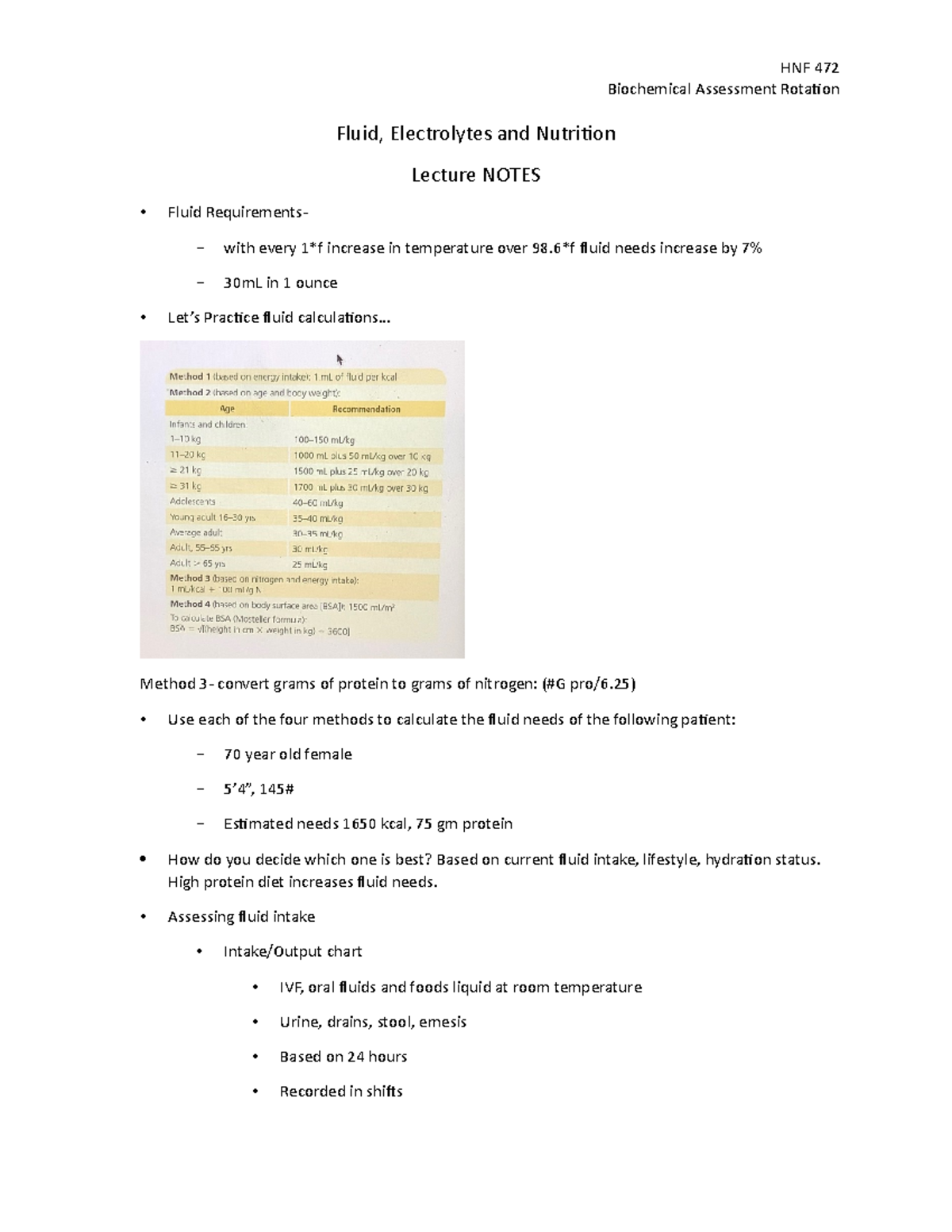 Fluid Electrolytes and Nutrition Lecture Notes 1 - Biochemical ...