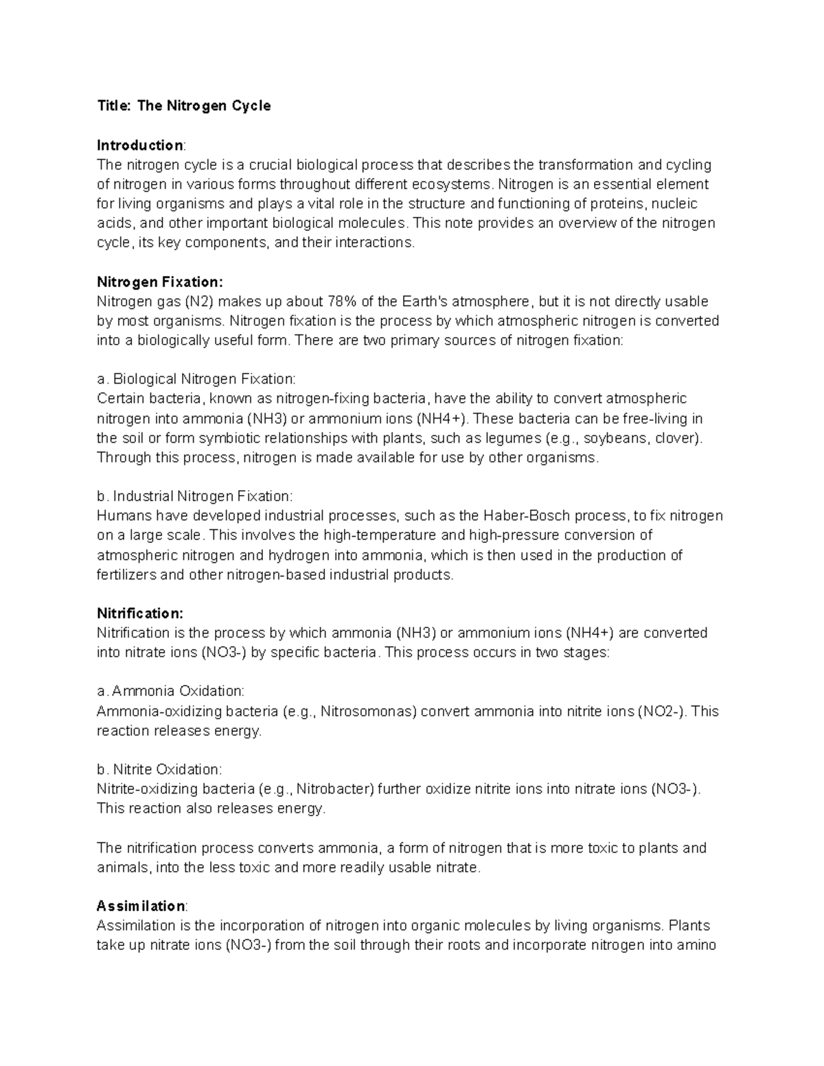 Nitrogen Cycle Lecture - Title: The Nitrogen Cycle Introduction: The ...