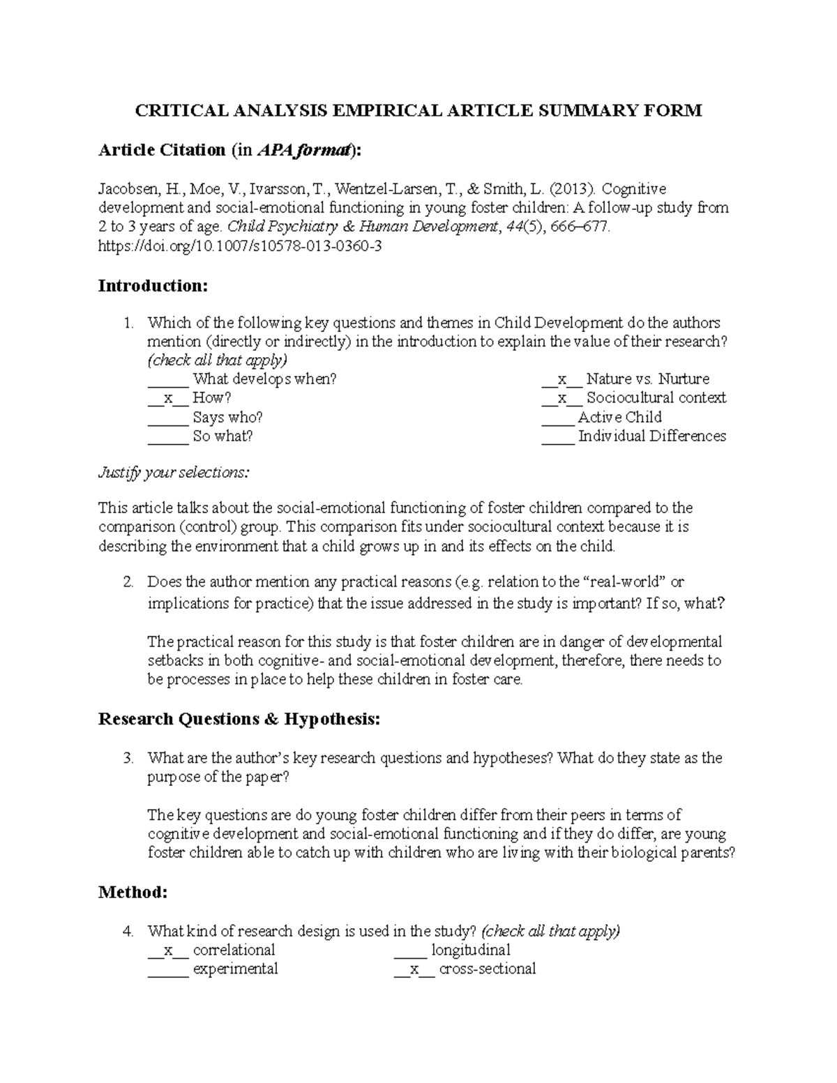 Article Summaries CRITICAL ANALYSIS EMPIRICAL ARTICLE SUMMARY FORM