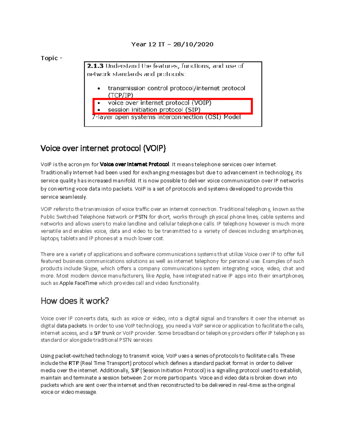 Topic 2.1.3 - Vo IP and SIP protocols - Year 12 IT – 28/10/ Topic ...