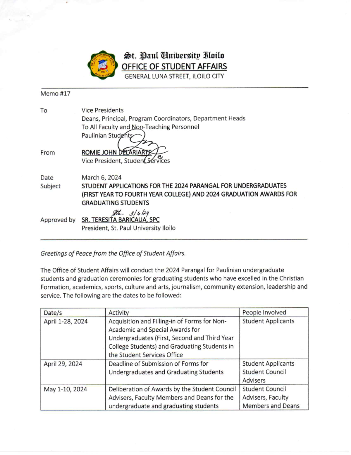 Memo No 17 Student Applications for 2024 Parangal Graduation Awards ...
