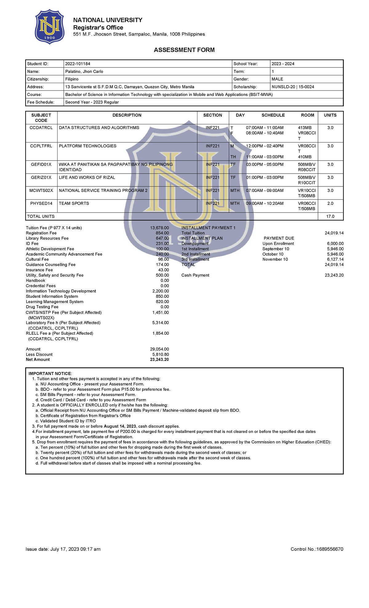 Assessment Form-2022-101184 2 - IMPORTANT NOTICE: Tuition and other ...