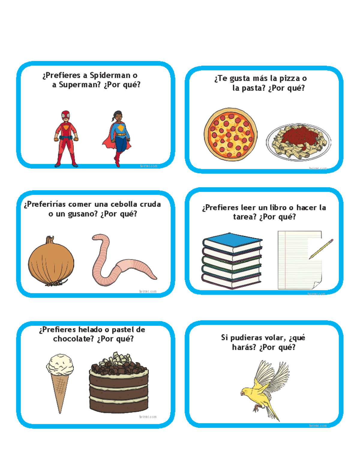 Tarjetas de conversación ¿Que preferirías - ¿Prefieres a Spiderman o a ...