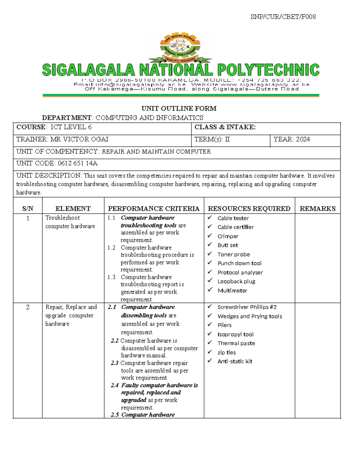Comp Maintainance SNP Unit Outline form - SNP/CUR/CBET/F UNIT OUTLINE ...