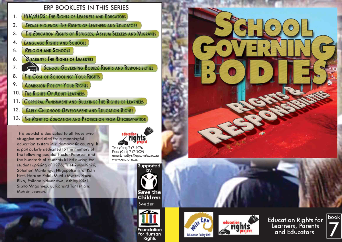School governing bodies rights and responsibilities - ERP BOOKLETS IN THIS SERIES 13.12.11.10. 8 ...