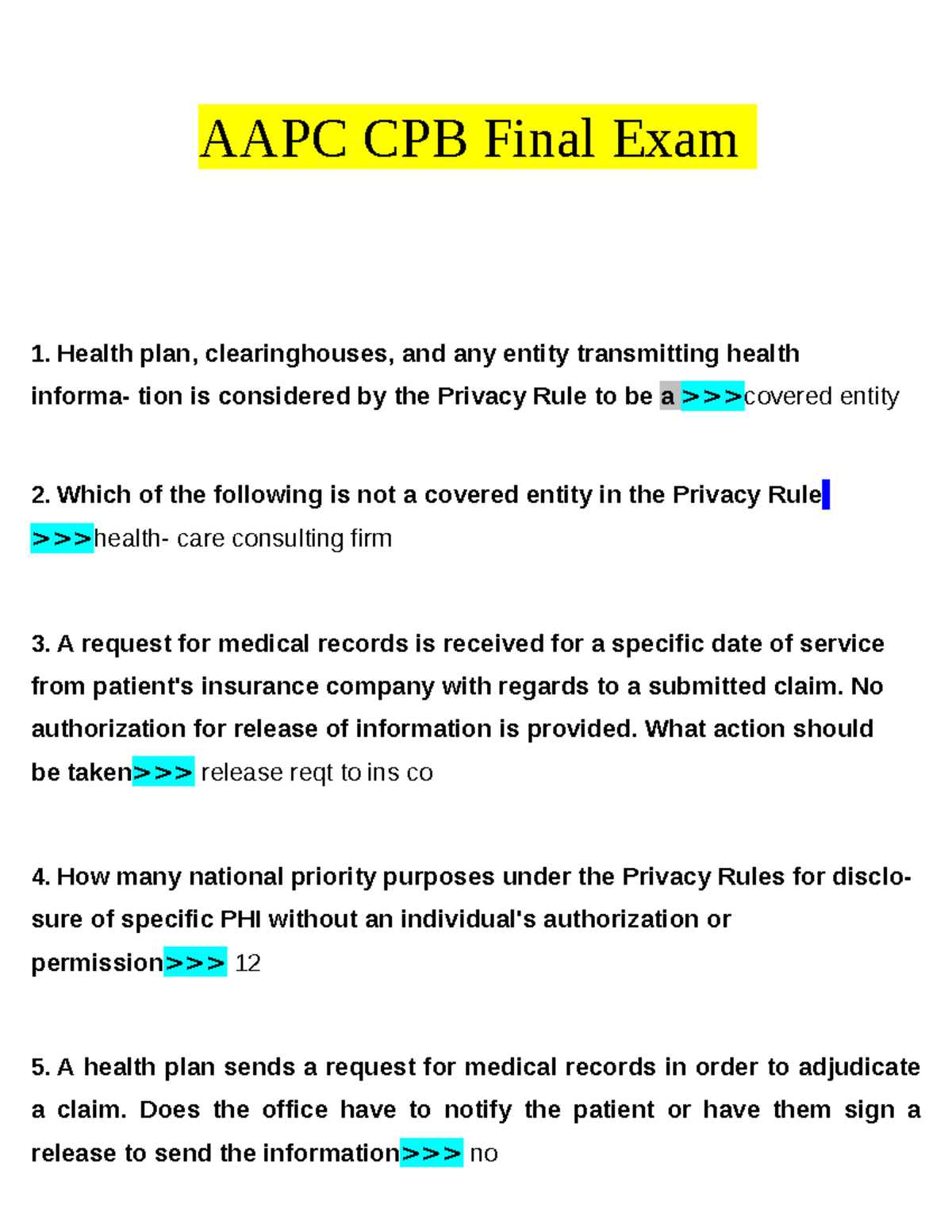 AAPC CPB Final - REVISION MATERIALS - AAPC CPB Final Exam Health plan, clearinghouses, and any ...