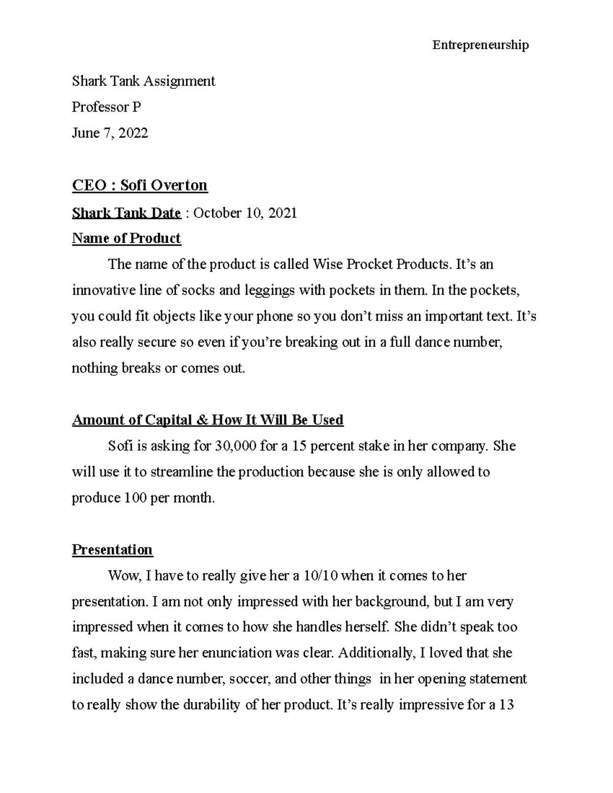 Shark Tank Assignment 2 - Entrepreneurship Shark Tank Assignment ...