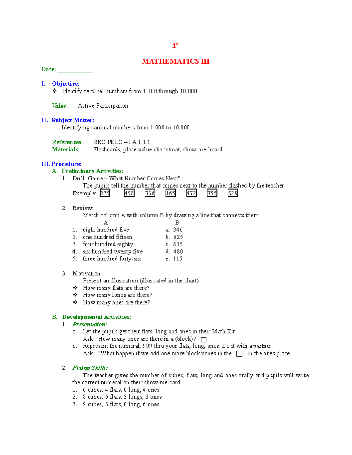 Grade 3 DLP Math - needed - 1 st MATHEMATICS III Date: ___________ I ...