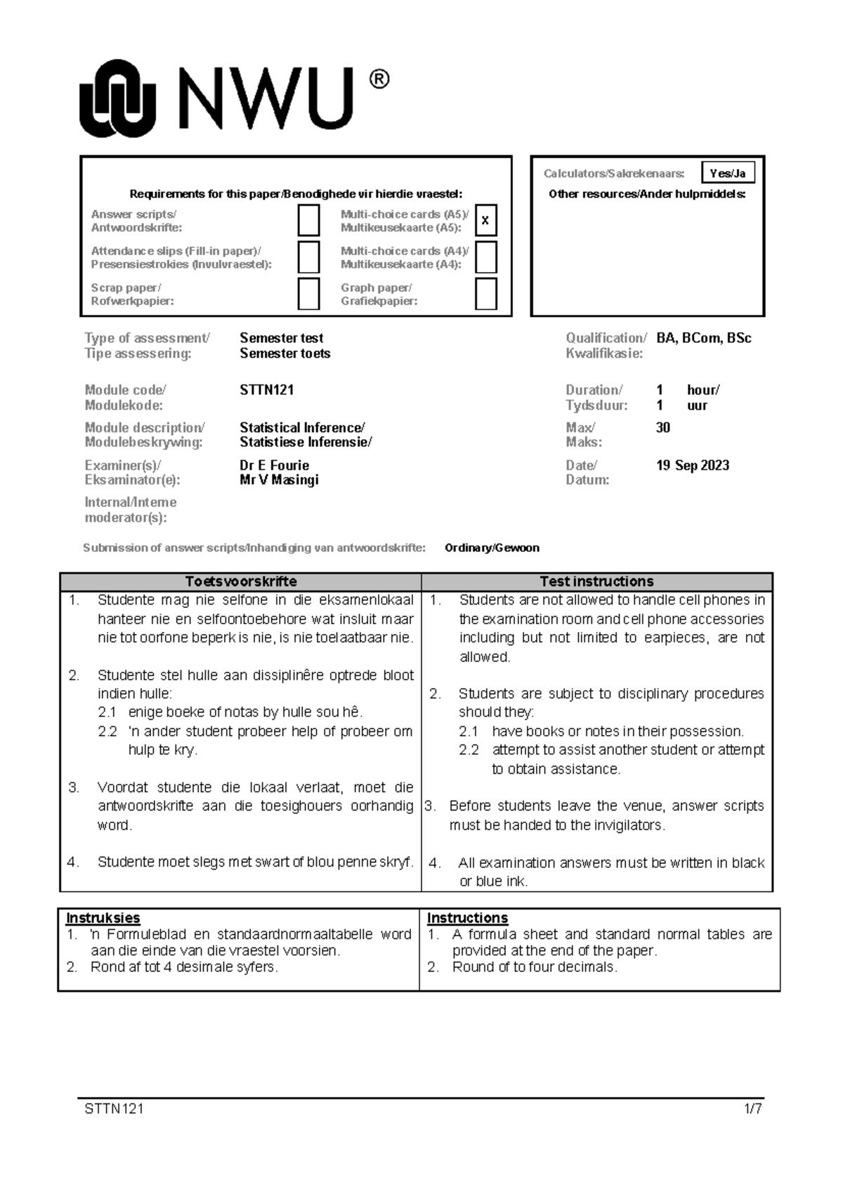 Statistical Inference - STTN 121 - 2023 Semester test memo(Chapter 3 ...