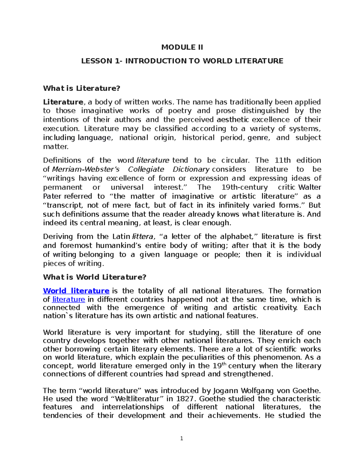 Lit. 11-Module 2 Class Notes-Midterm - MODULE II LESSON INTRODUCTION TO ...