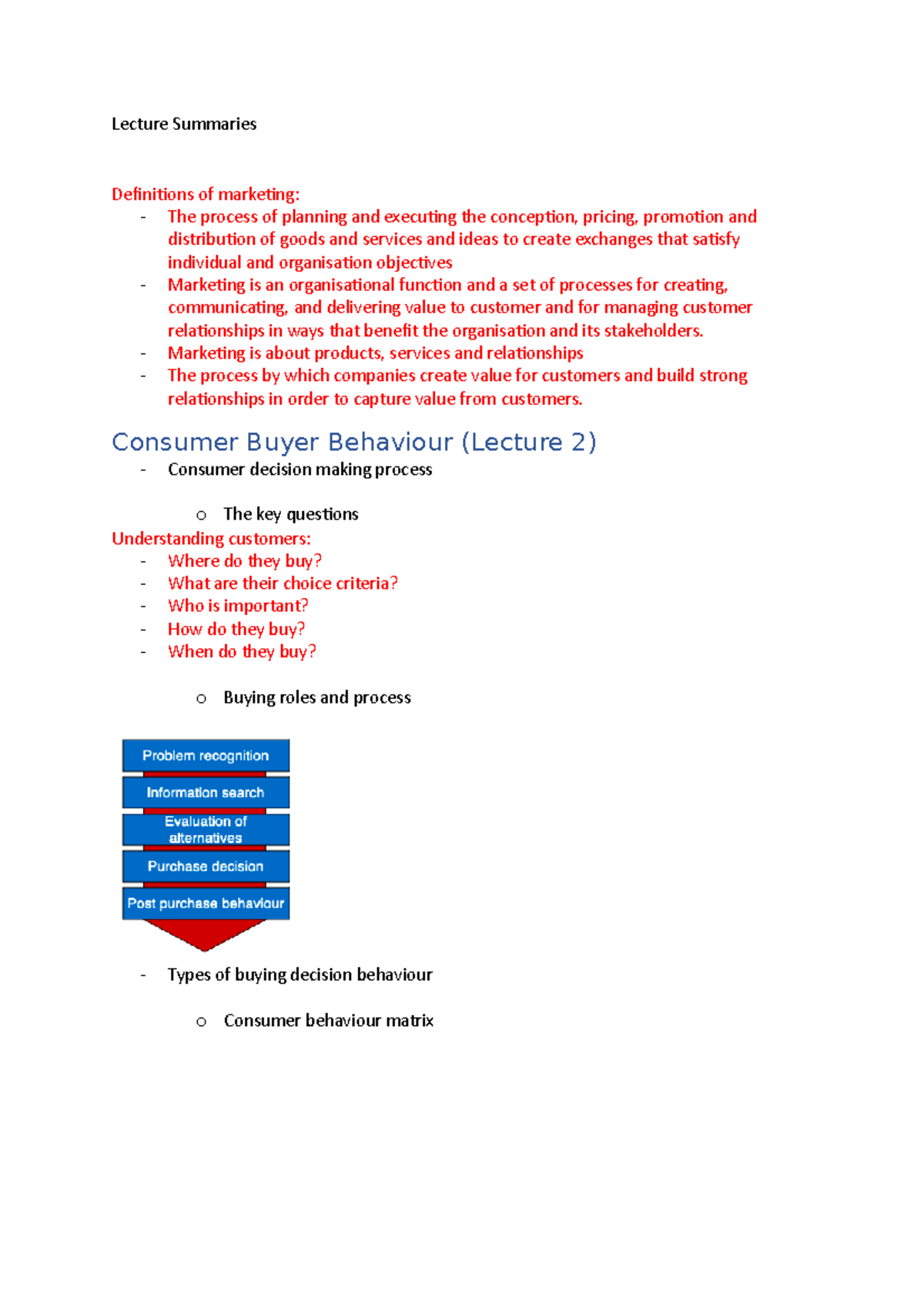 Lecture Summaries Summary For Exam Revision Lecture Summaries Definitions Of Marketing 