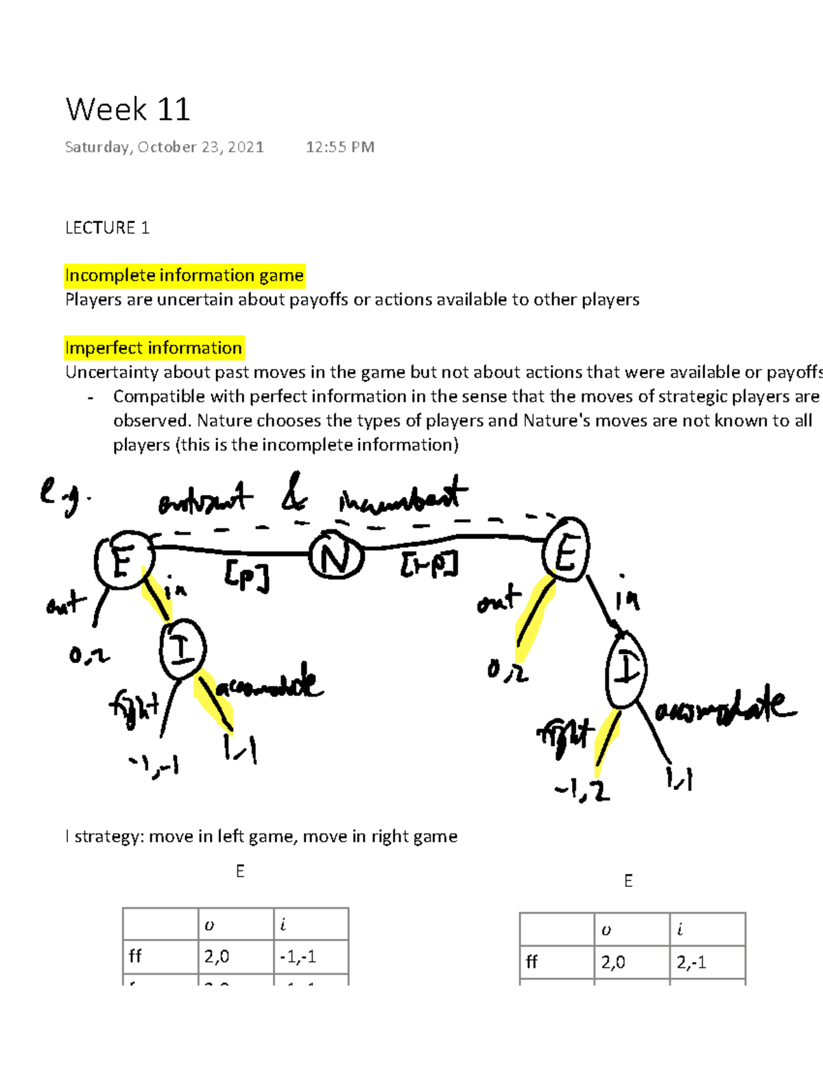 Week 11 - Lecture content for week 11 game theory - LECTURE 1 Incomplete information game ...