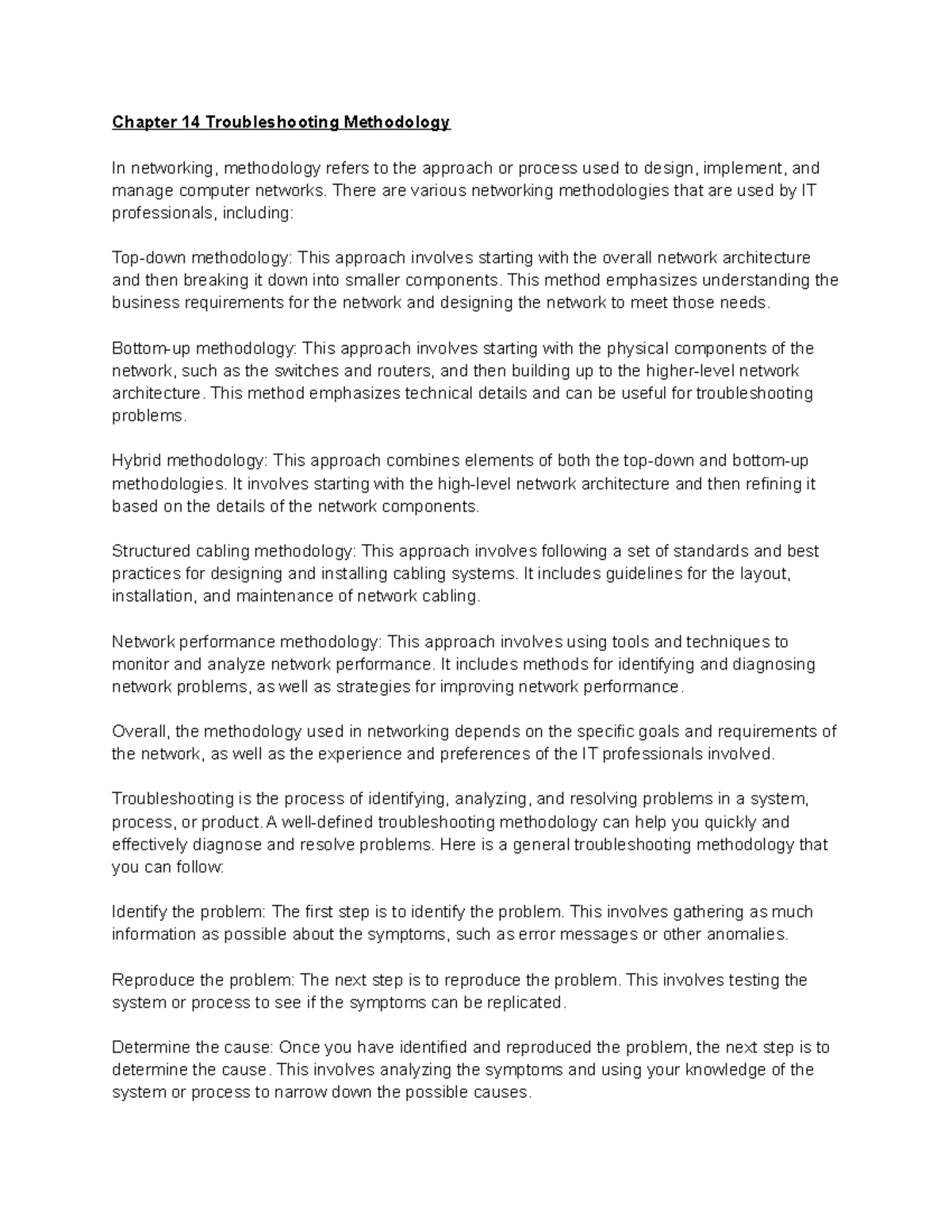 Chapter 14 Troubleshooting Methodology Chapter 14 Troubleshooting