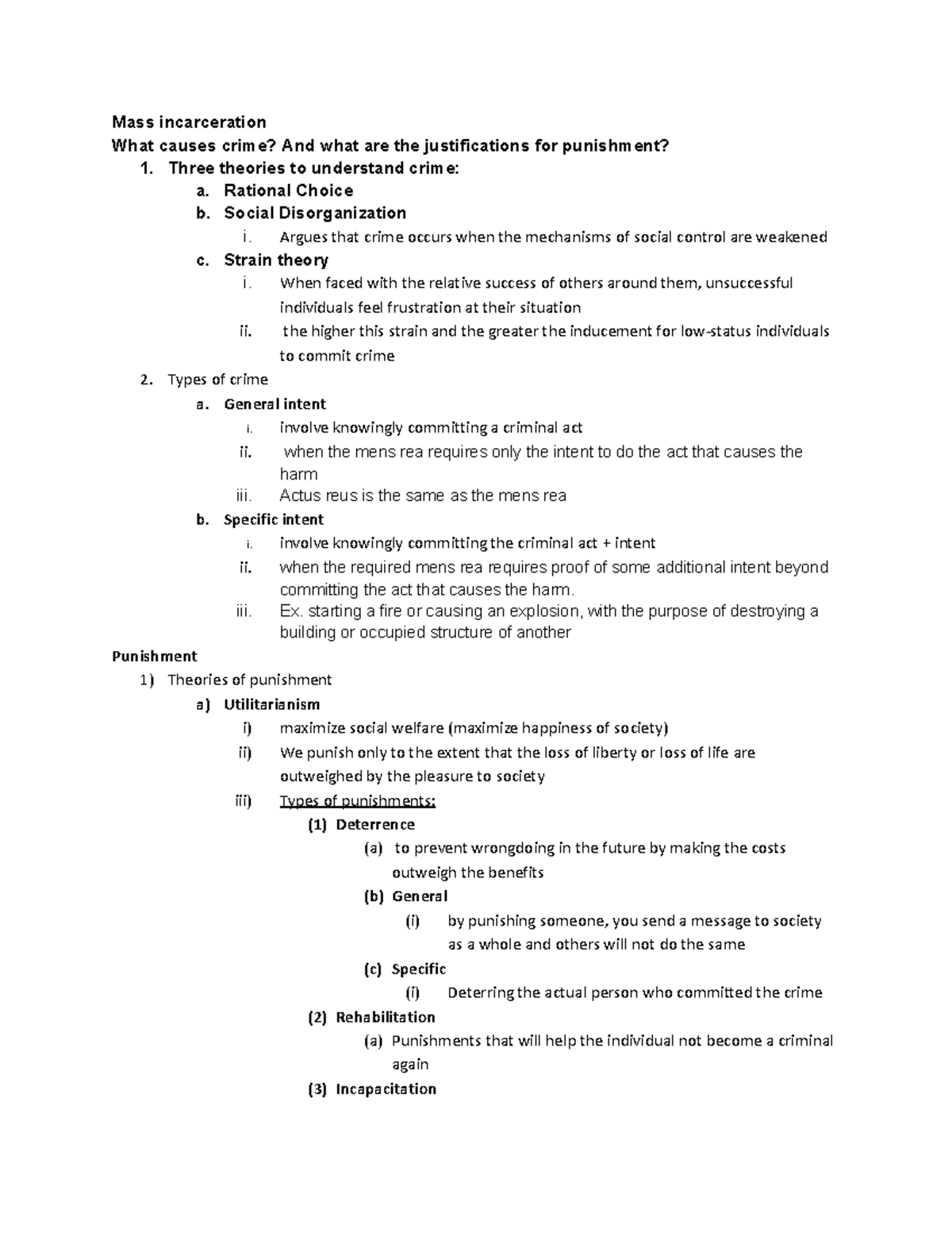 Criminal Law Mini Outline - Mass incarceration What causes crime? And ...