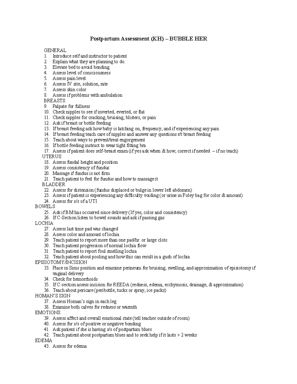Postpartum Bubble HERAssessment Outline - Postpartum Assessment (KH ...