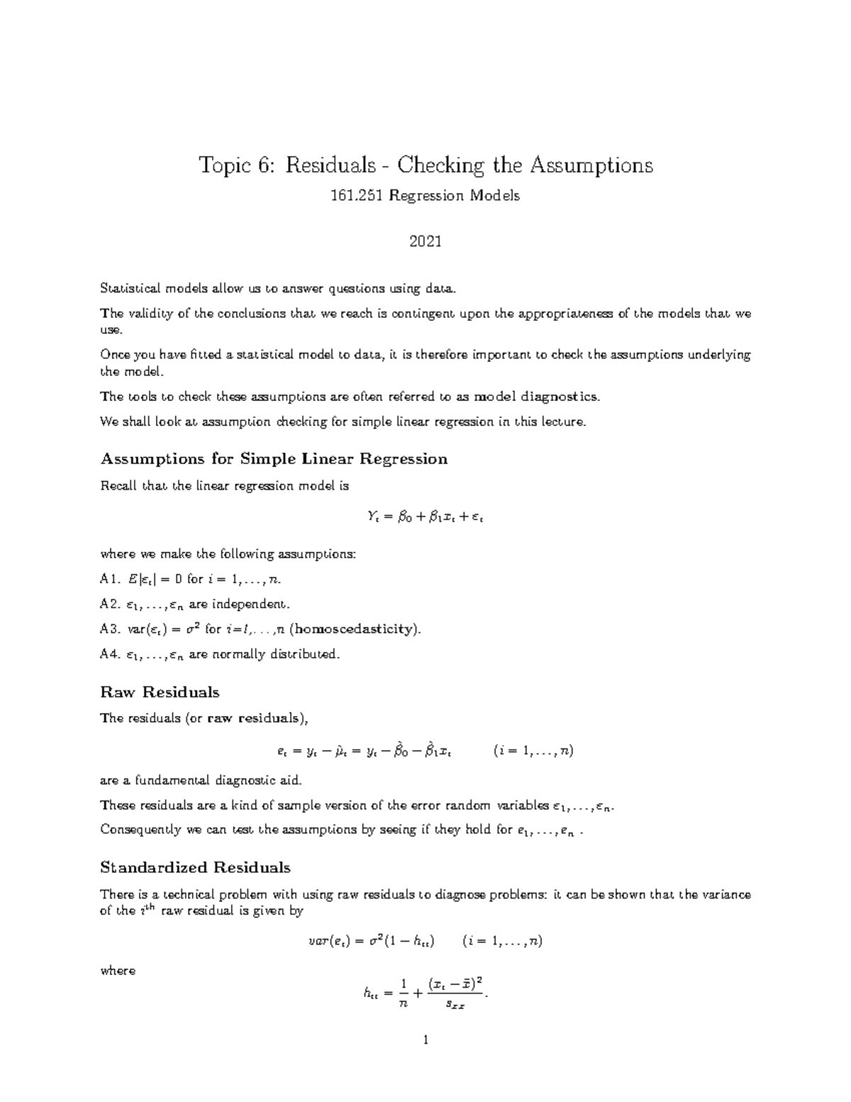 Topic 6 Lecture Notes Topic 6 Residuals Checking The Assumptions 161 Regression Models