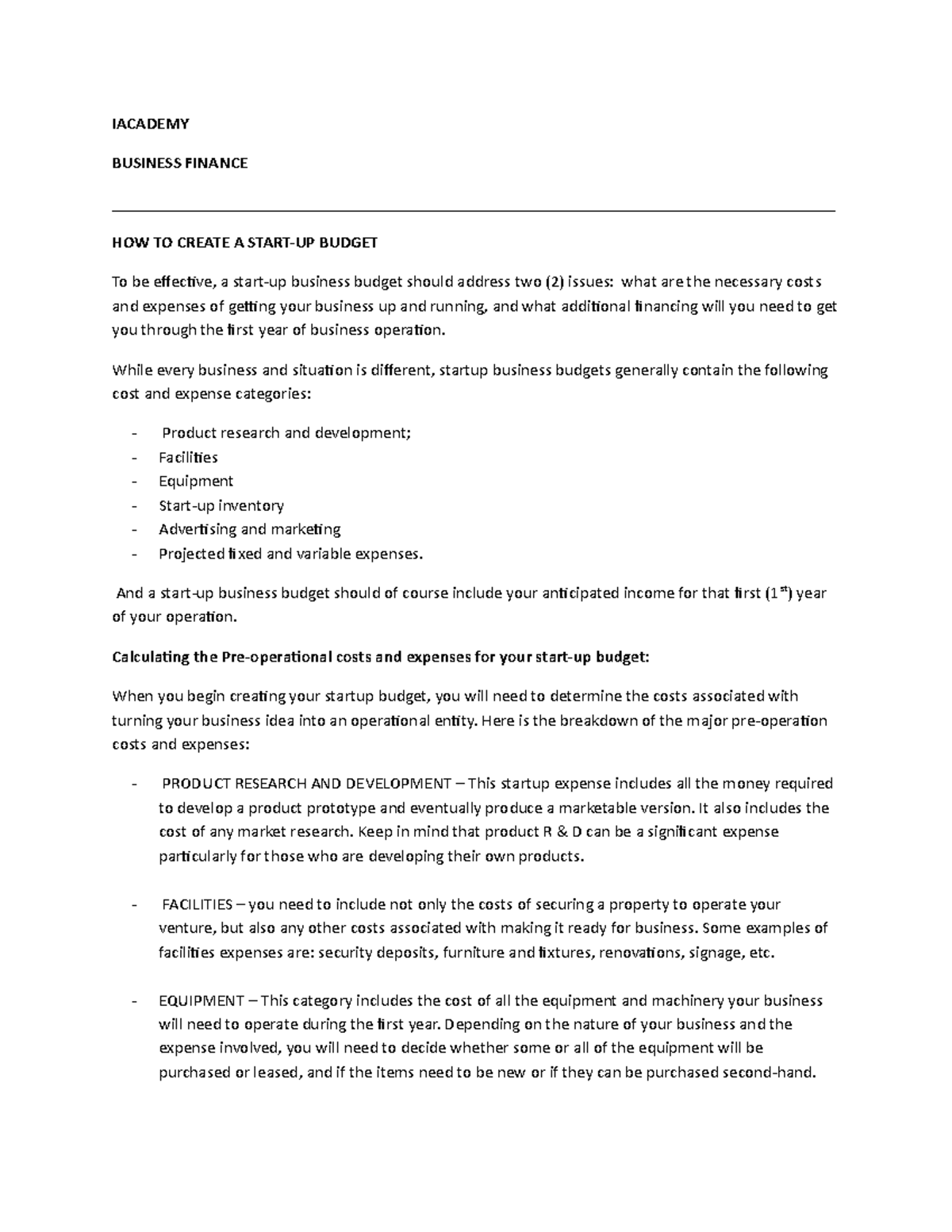 How to Make A Startup Budget - IACADEMY BUSINESS FINANCE - Studocu