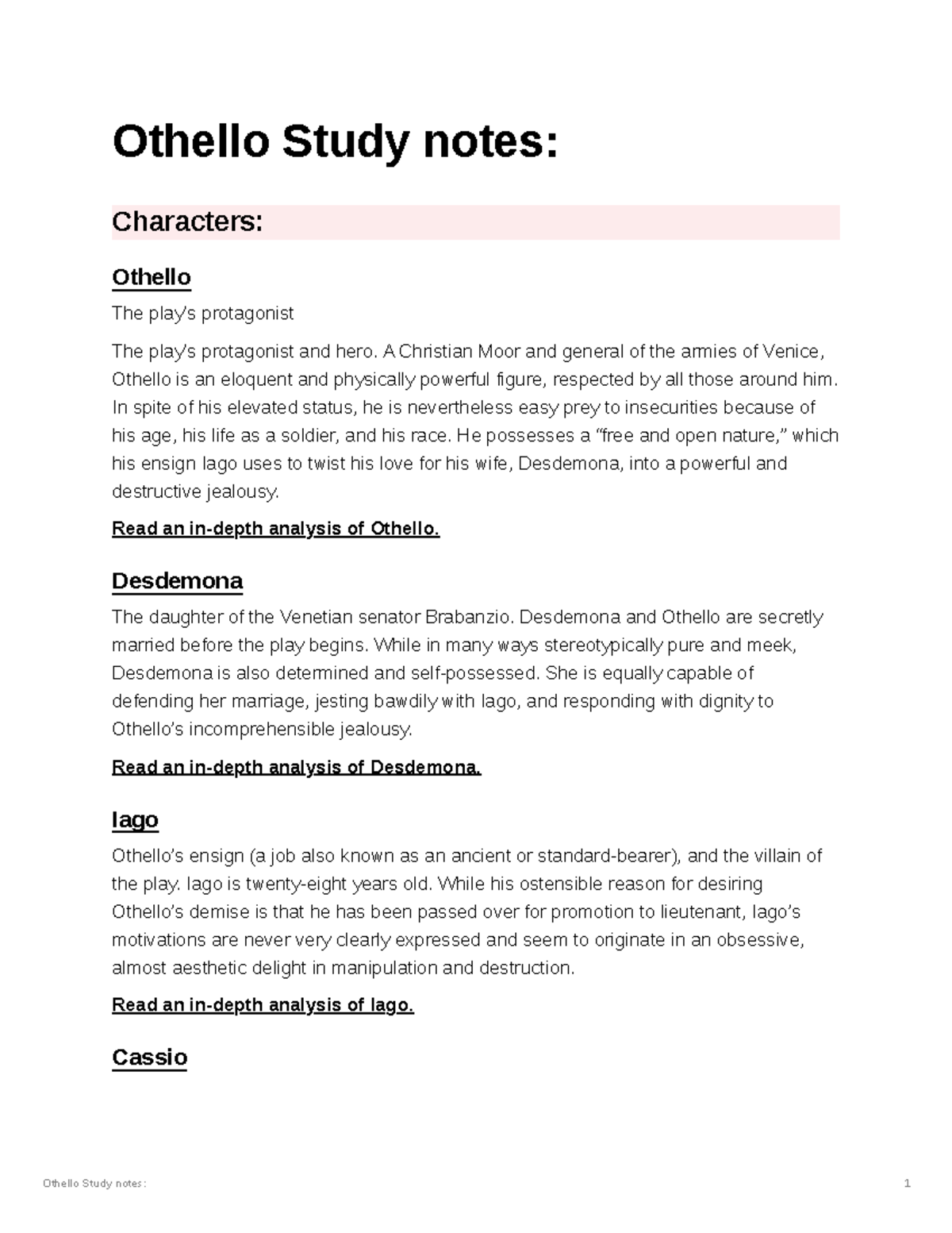 Othello Study notes - Othello Study notes: Characters: Othello The play ...