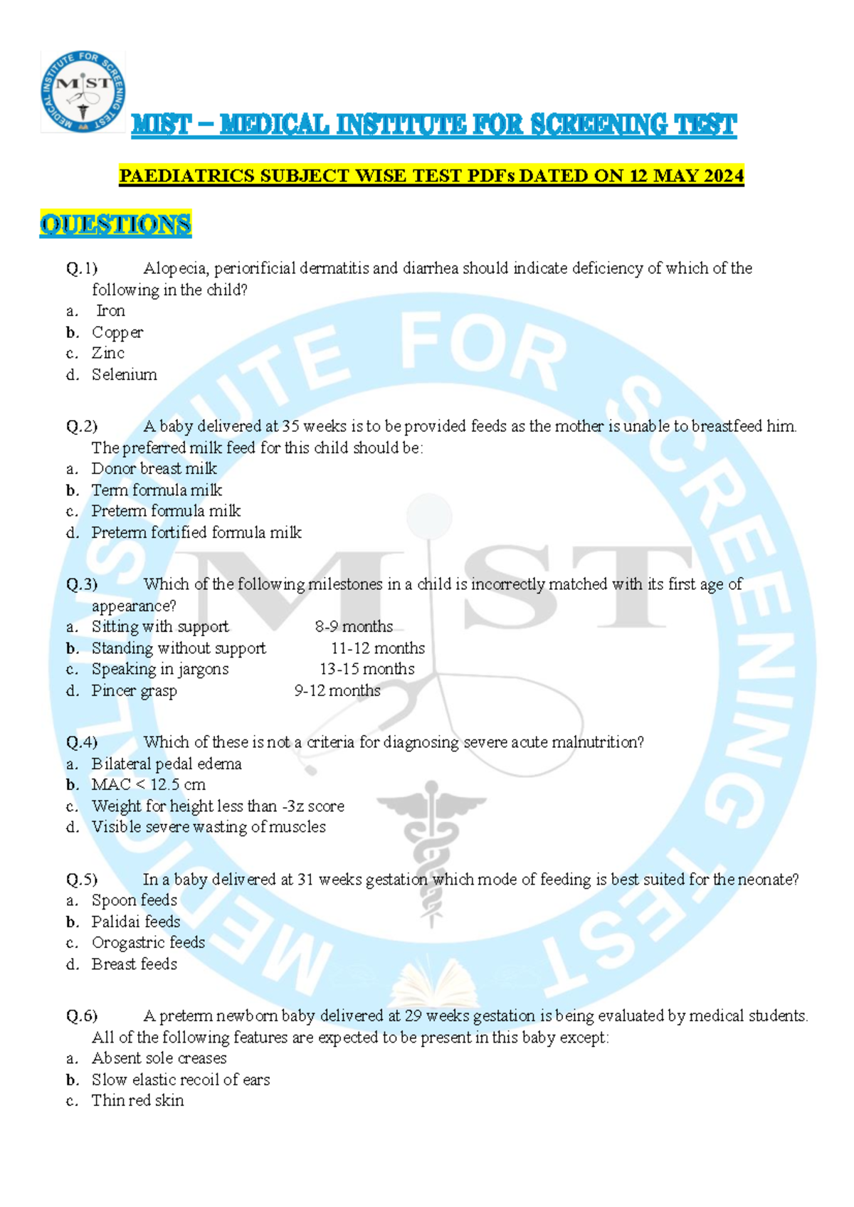 MIST Paediatrics Subject WISE TEST Students PDFs ON 12 May 2024 - Q ...