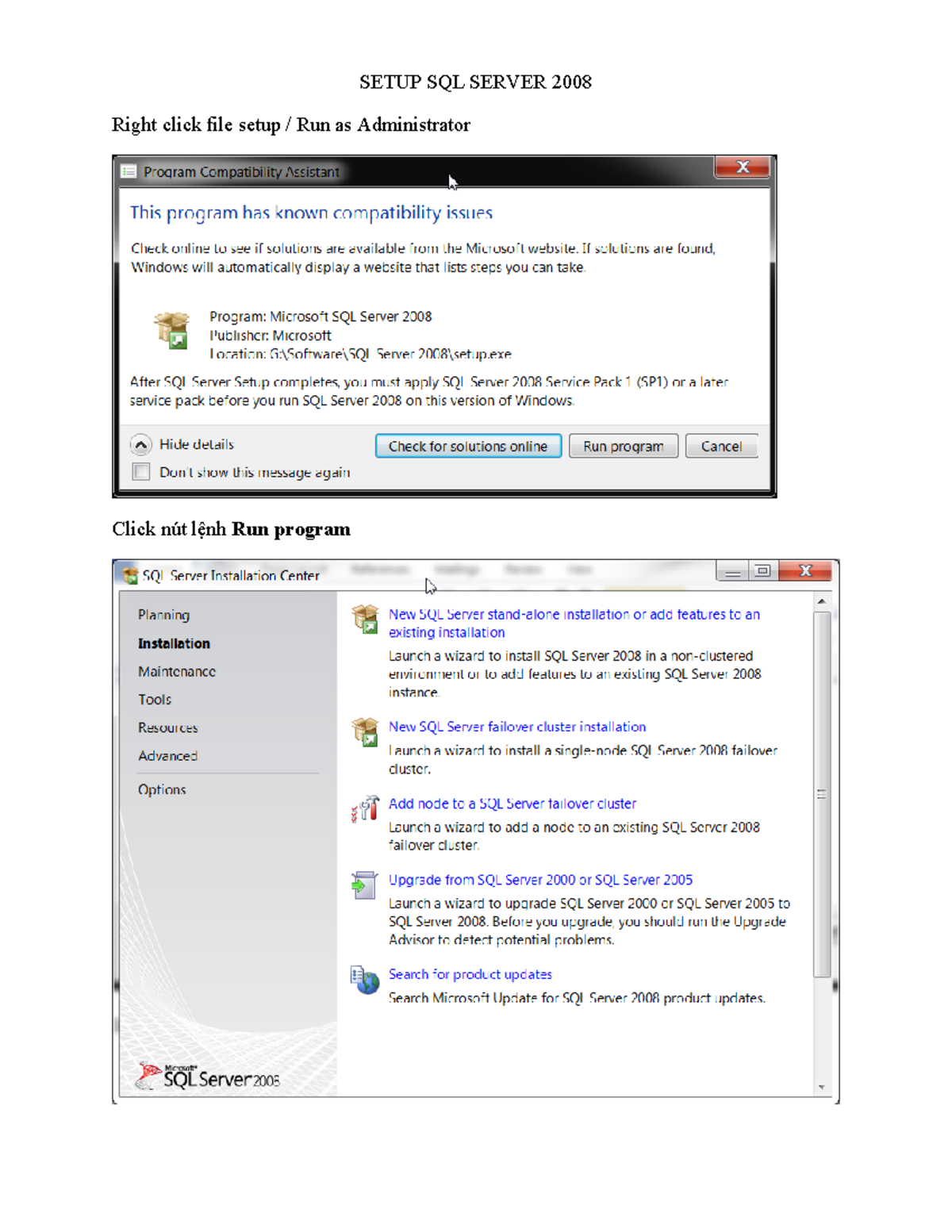 Huong DAN Setup SQL Server 2008 new - Cơ sở dữ liệu phân tán - SETUP SQL SERVER 2008 Right click ...