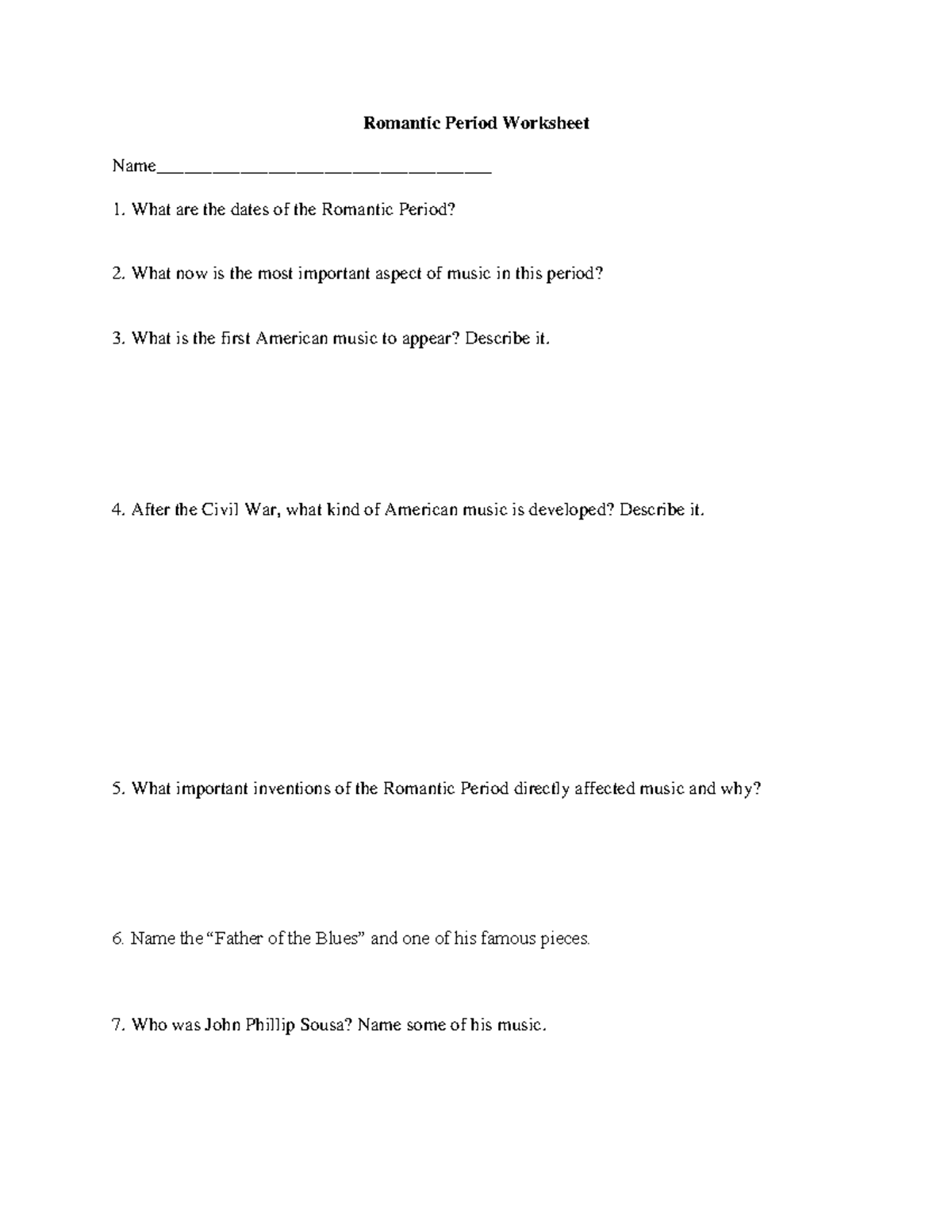 Romantic Period Worksheet - What are the dates of the Romantic Period ...