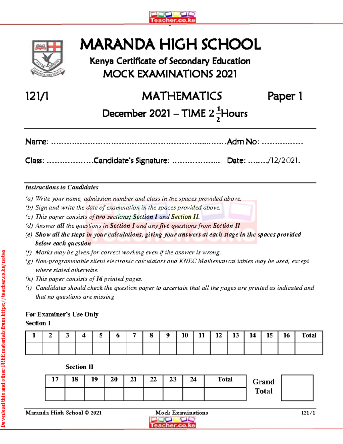 2022 Maranda Mock 121 Mathematics P1 QS Teacher - 1 Maranda High School ...