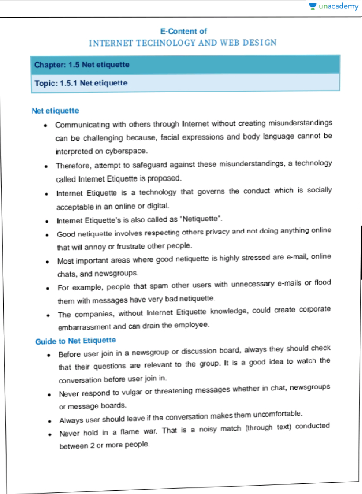 5354720716 - basics of internet - unacademy of INTERNET TECHNOLOGY AND WEB DESIGN Chapter: 1 Net ...