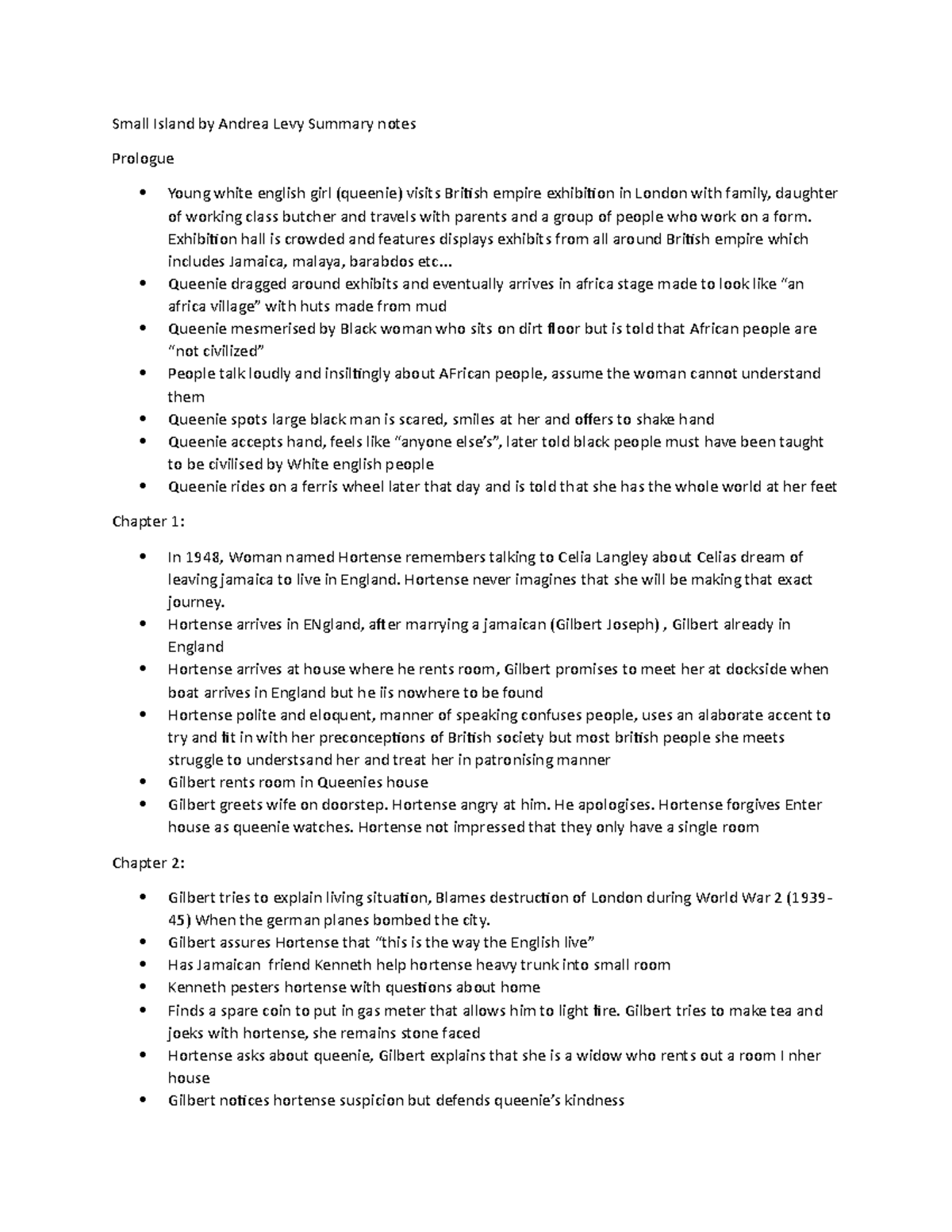 Small Island Notes MOMO - Small Island by Andrea Levy Summary notes ...