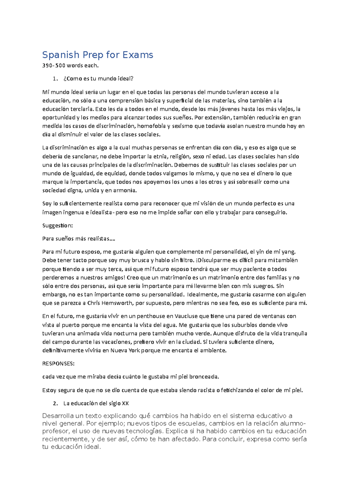 Spanish Prep for Exams - notes - Spanish Prep for Exams 390- 500 words ...