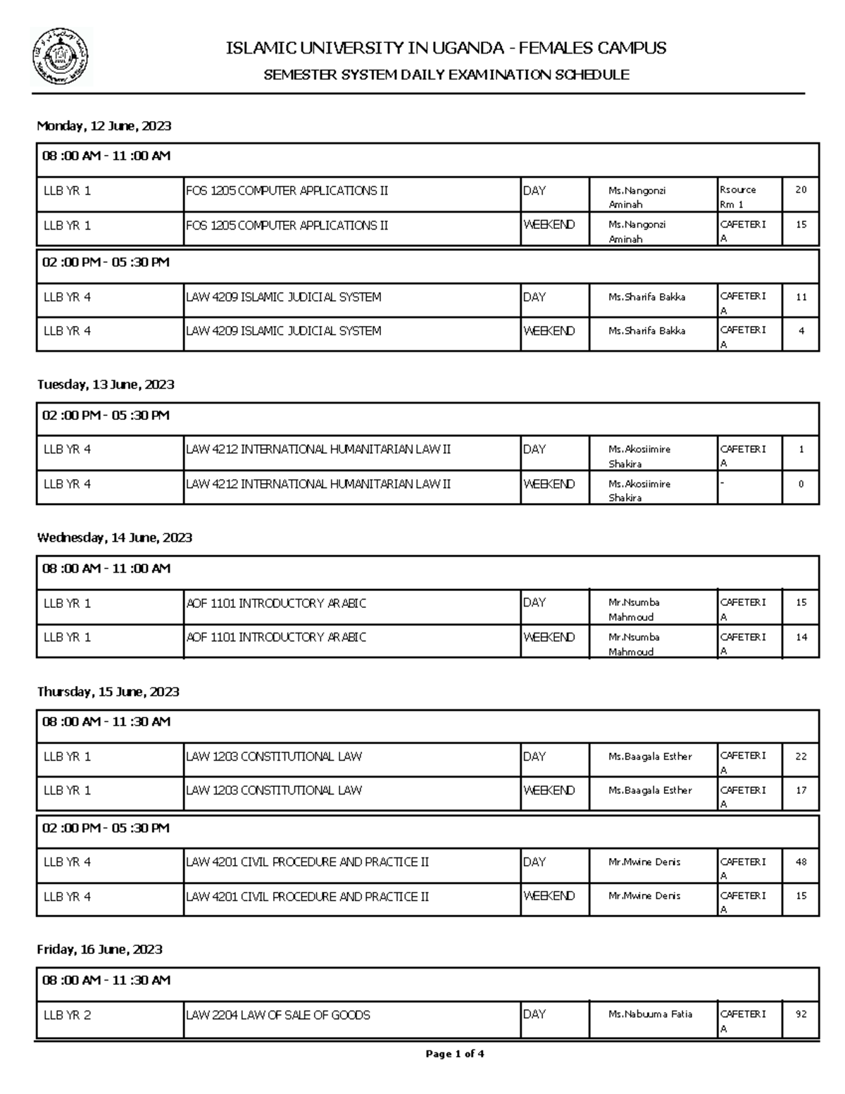 LLB EXAM TT SEM 2 - SEMESTER SYSTEM DAILY EXAMINATION SCHEDULE ISLAMIC ...