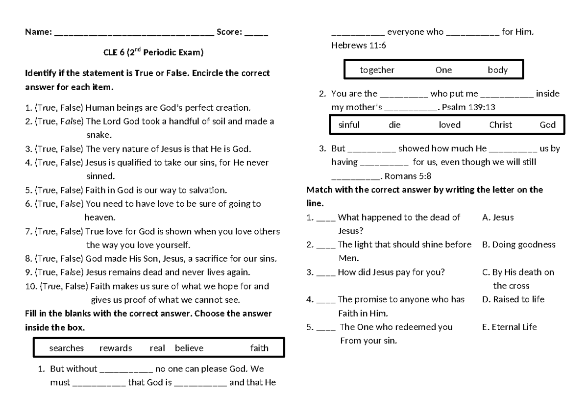 Christian Living Examination 2024 - Name ...