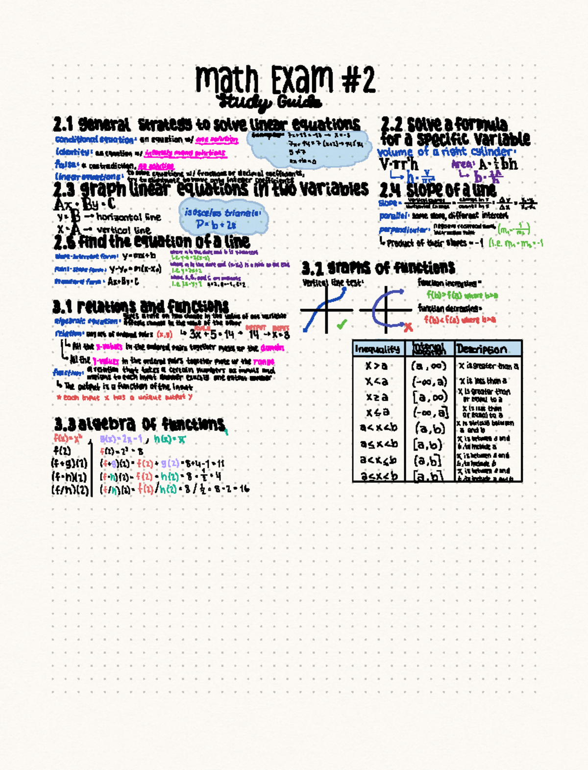 Math Exam #2 Summary Sheet - Megan Yu - math Exam 2 Study Guide 2. for ...