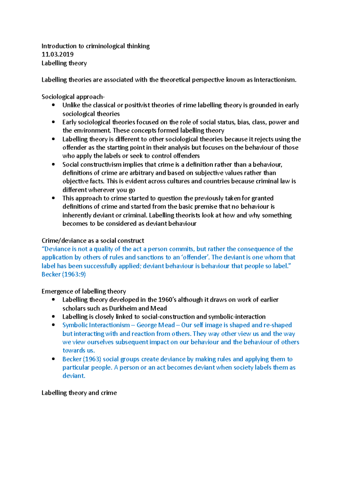 7. Labelling Theory - Lecture notes 7 - Introduction to criminological ...