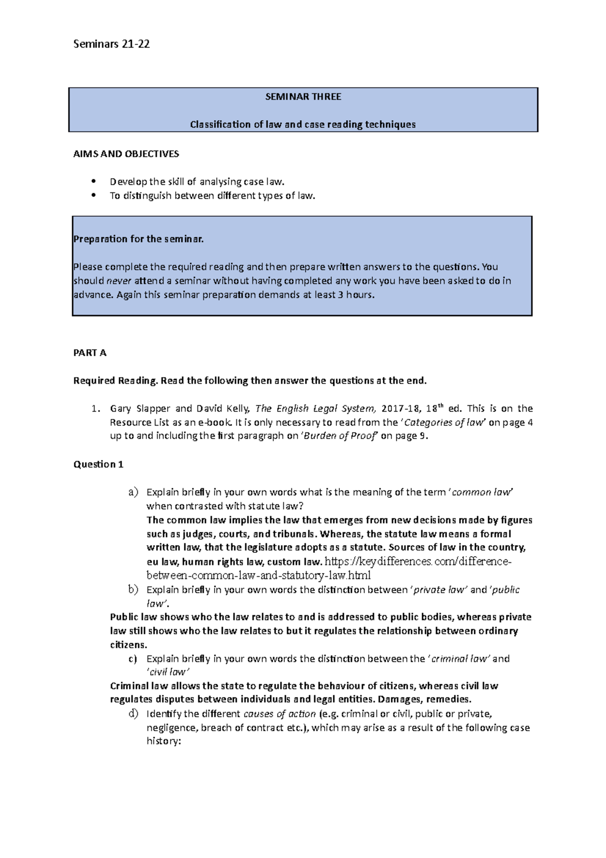 Seminar 3 Dada case - SEMINAR THREE Classification of law and case ...