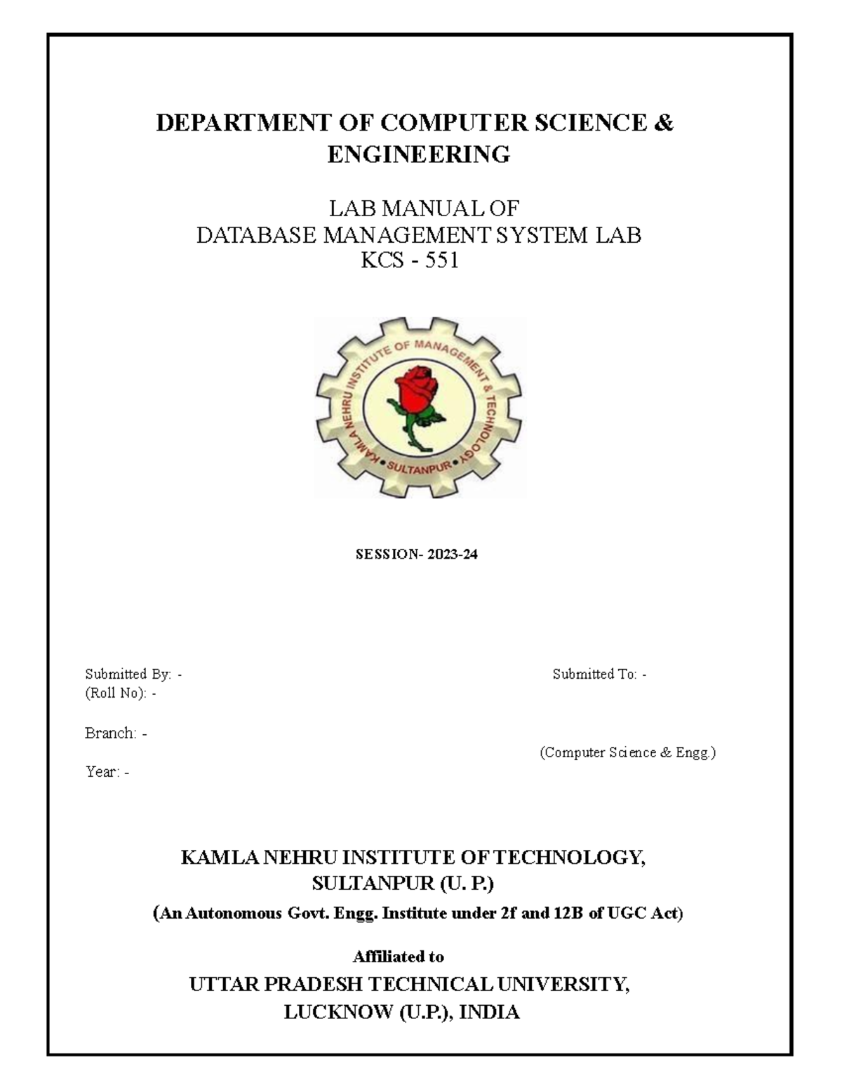 Lab manual dbms front - DEPARTMENT OF COMPUTER SCIENCE & ENGINEERING ...